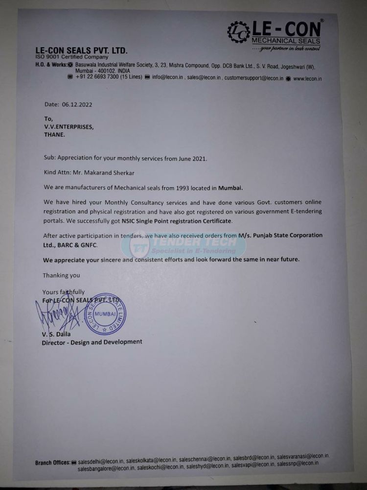 Appreciation letter by LECON SEALS PVT LTD. for MONTHLY SERVICES